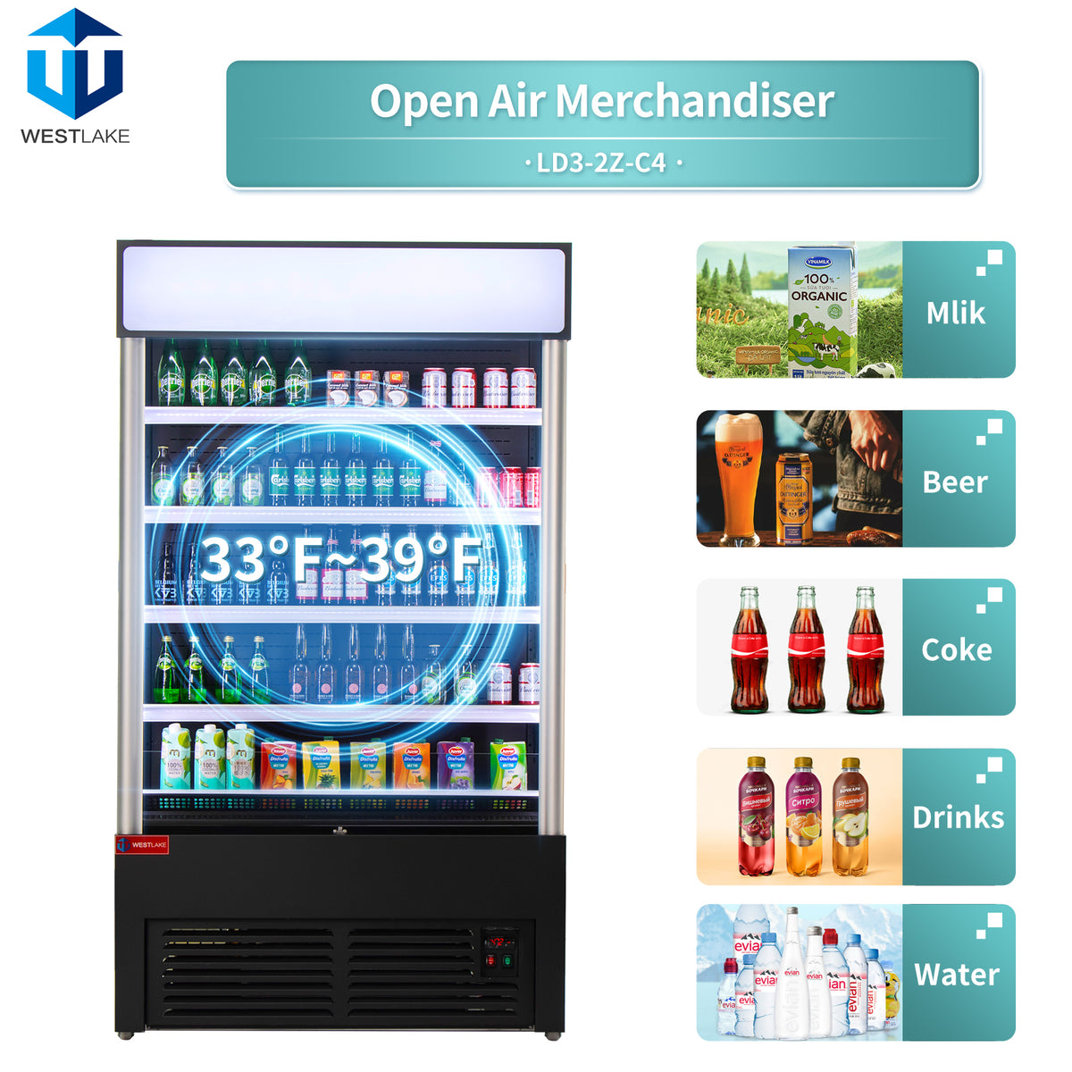Open Air Merchandiser, WESTLAKE ‎46"W 26" D Black Refrigerated Air Cur ...
