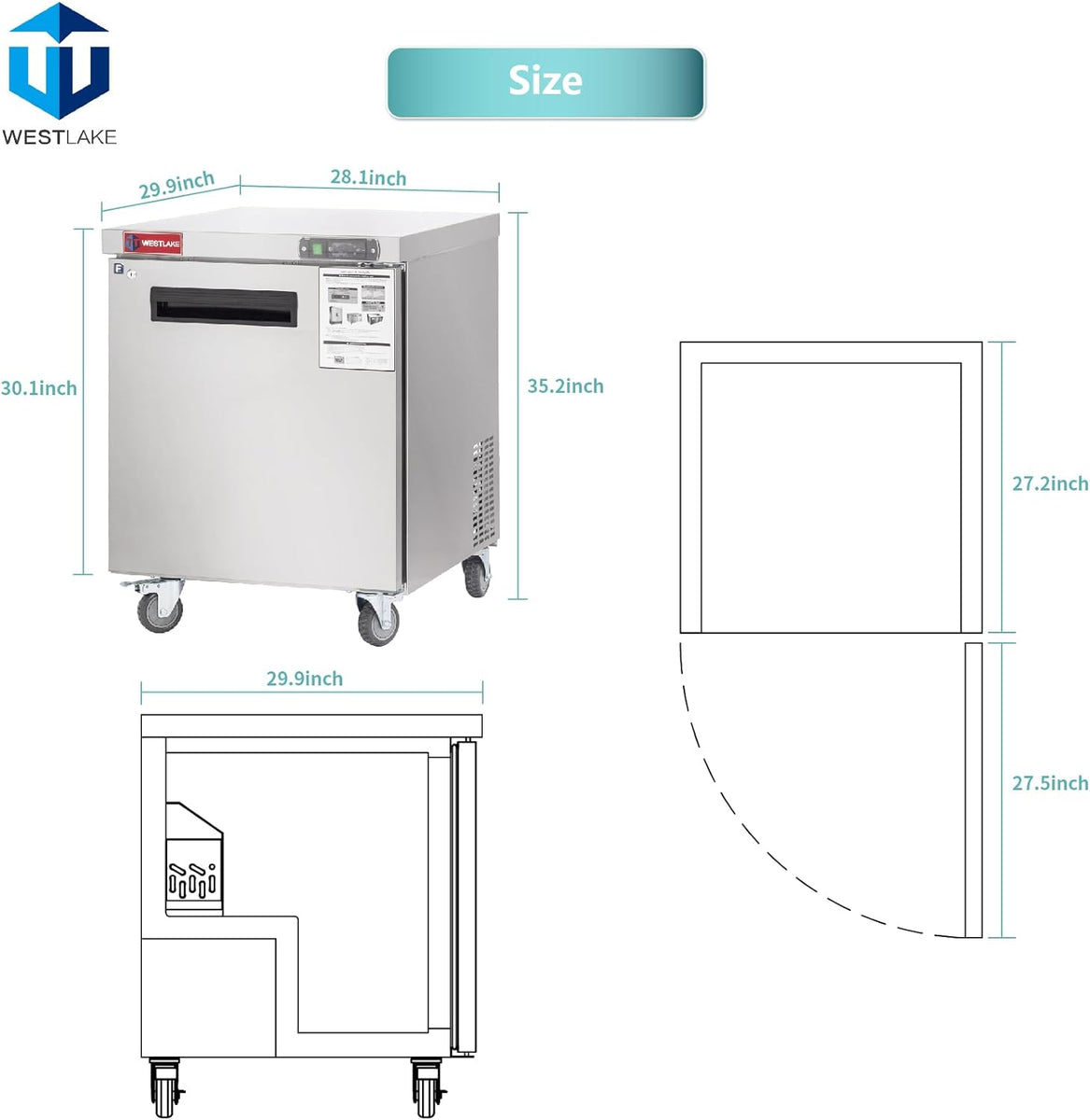 Commercial Undercounter Freezer, WESTLAKE 28" Single Door Stainless St ...