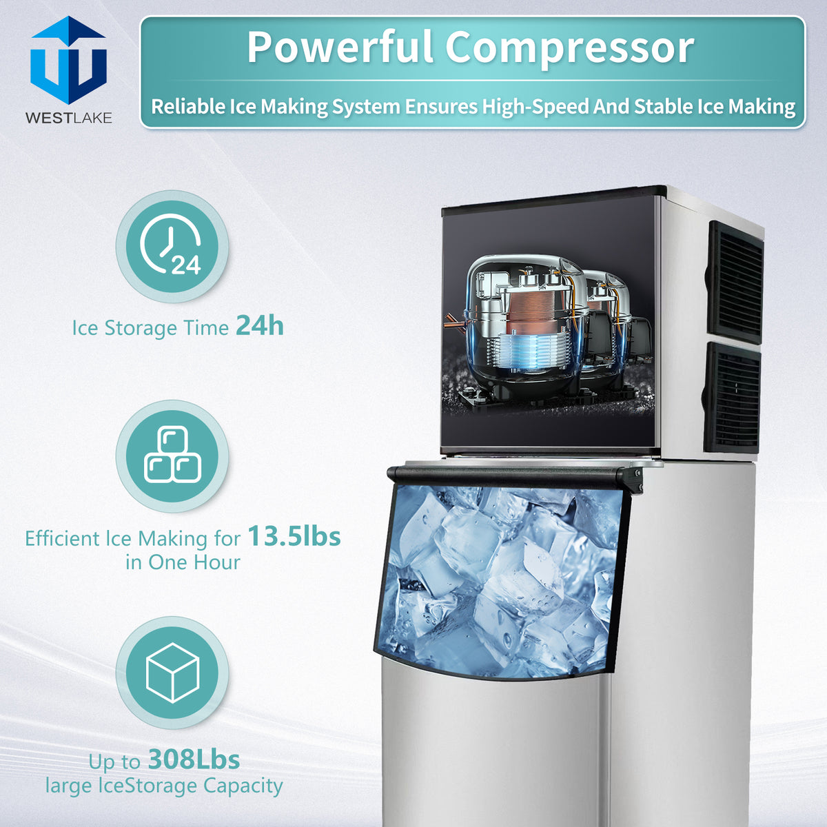 Westlake Commercial Ice Machine, Full Cube Ice Maker Machine 350 lbs I ...