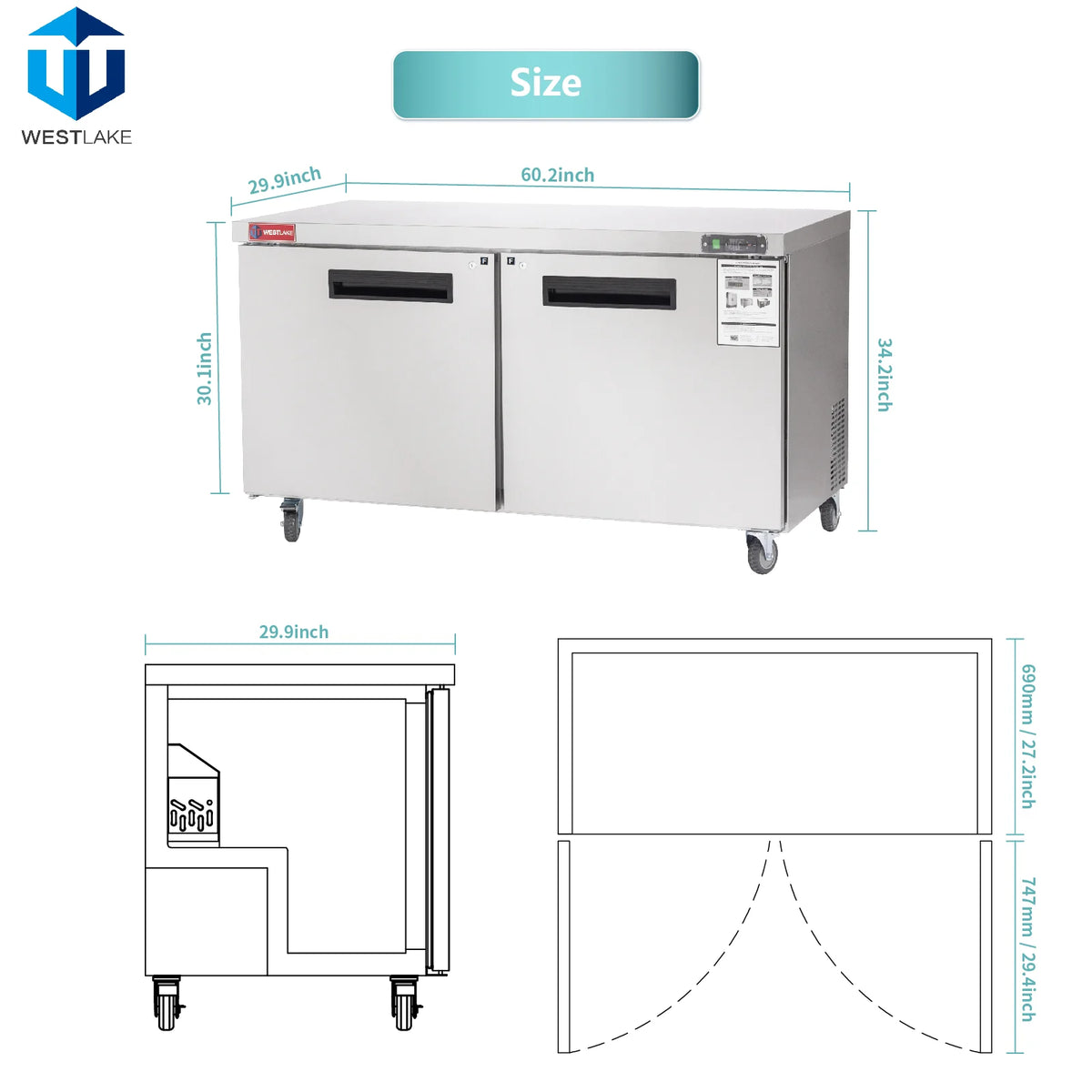 Westlake Commercial Undercounter Freezer 60" 2-Door 14.8 Cu.ft R290 ETL ...