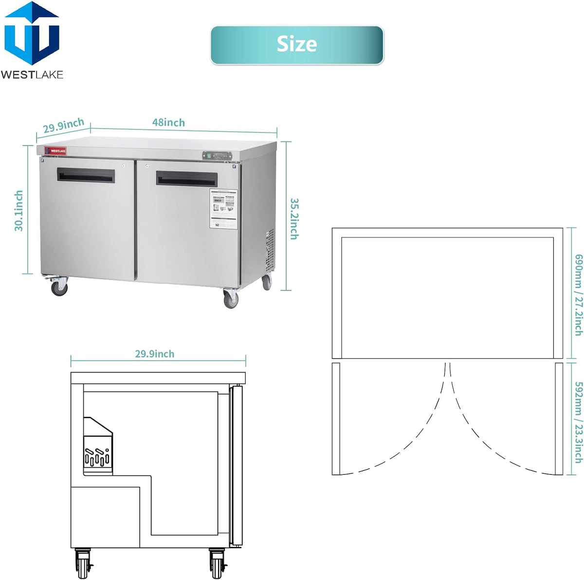 Commercial Undercounter Freezer, WESTLAKE 48" Double Door Stainless St ...