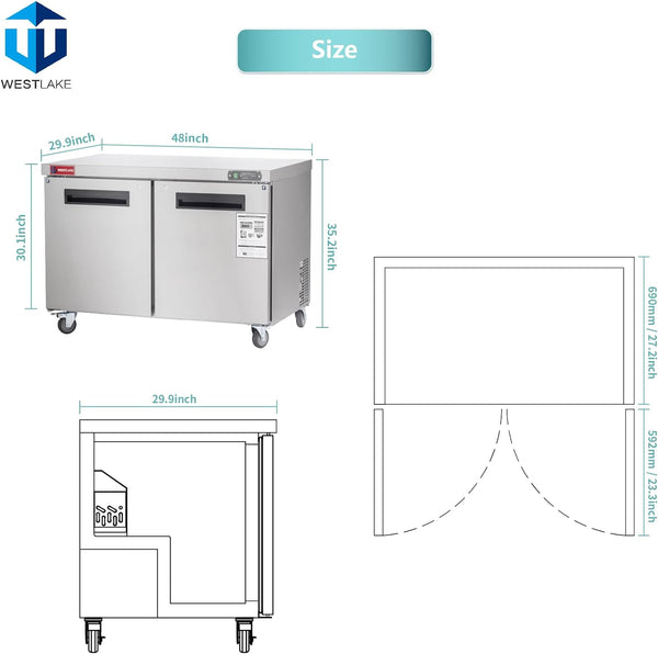 Commercial Undercounter Freezer, WESTLAKE 48" Double Door Stainless St ...