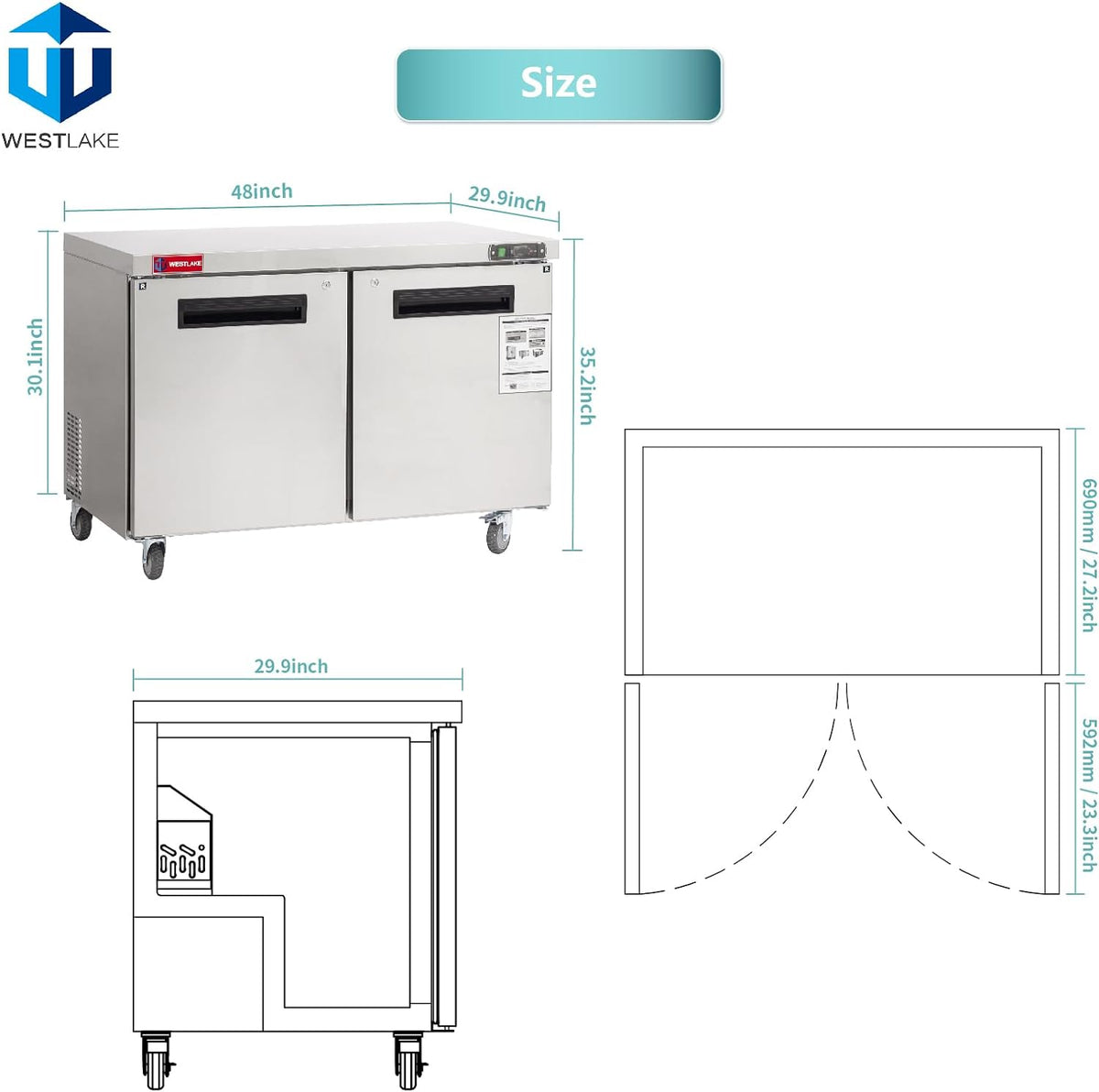 Commercial Undercounter Refrigerator, WESTLAKE 48" Double Door Stainle ...
