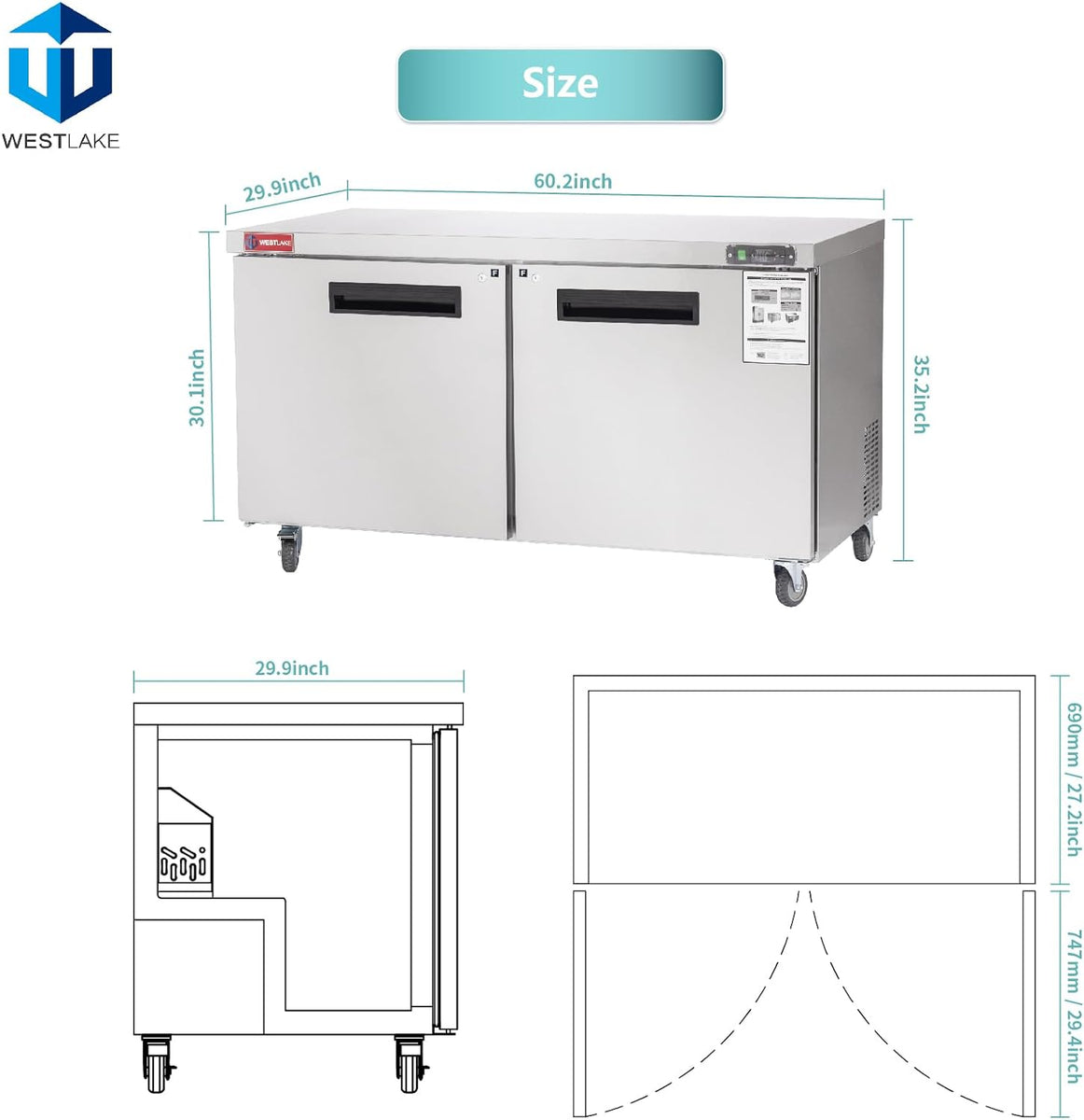 Commercial Undercounter Freezer, WESTLAKE 60" Double Door Stainless St ...
