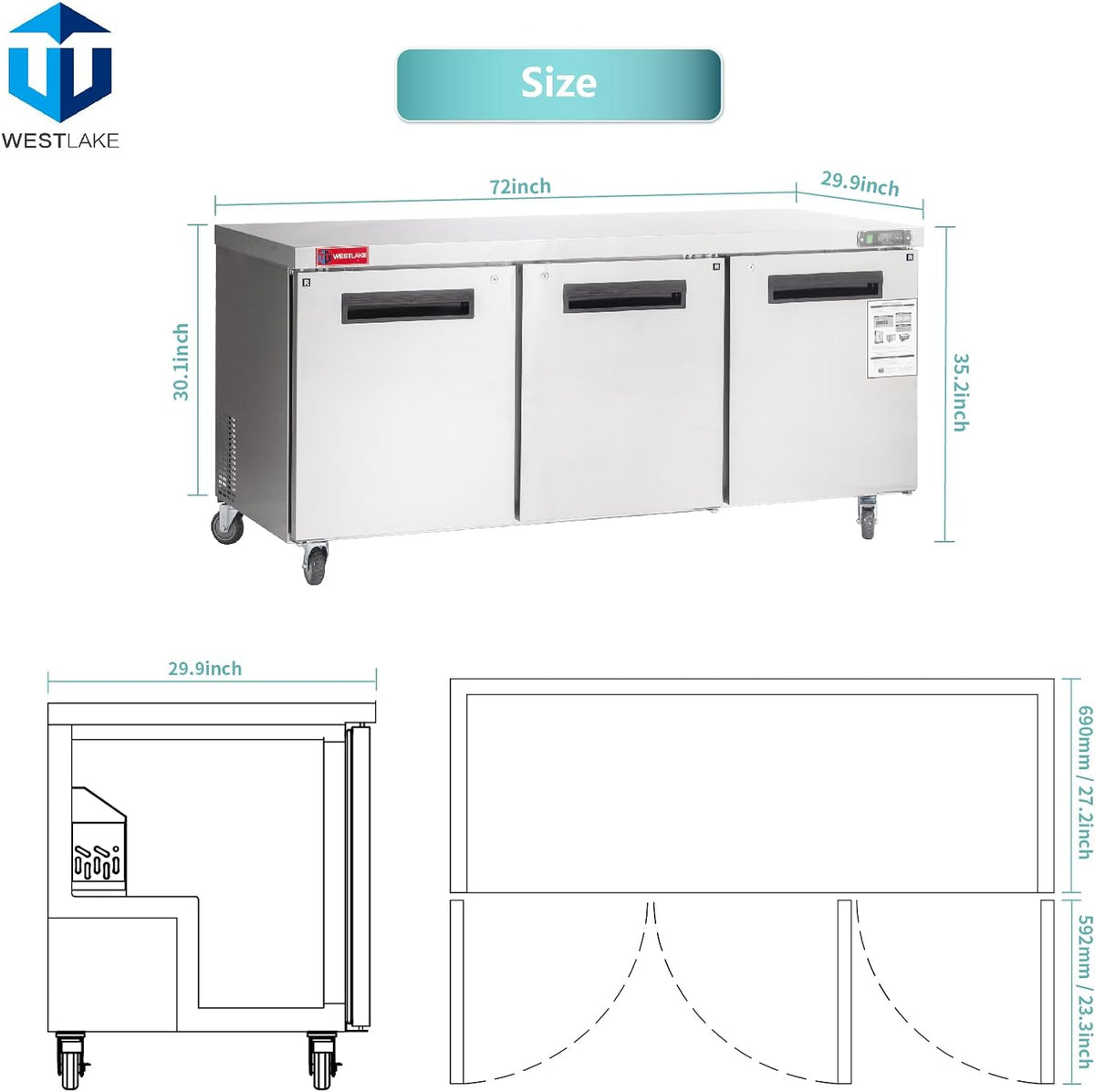 Commercial Undercounter Refrigerator, WESTLAKE 72" Three Door Stainles ...