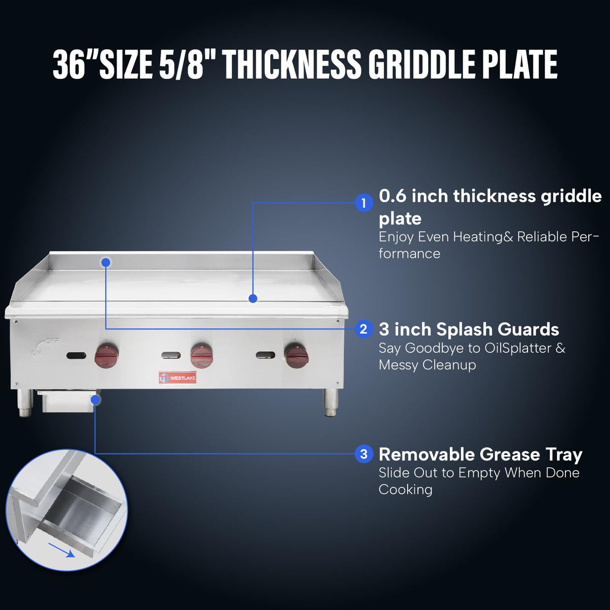 Westlake Commercial Gas Griddle 36" 3-Burner 90,000 BTU | ETL Certified ...