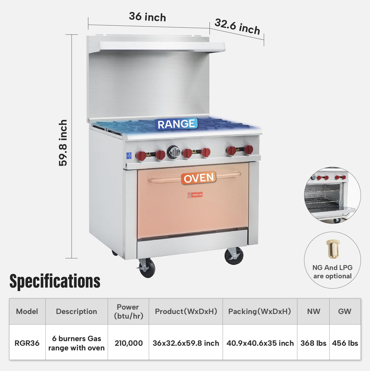 Westlake Commercial Gas Range 36" 6-Burner with Standard Oven 210,000 ...